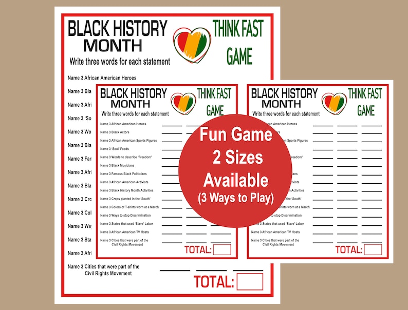 Black History Think Fast Black History Month Trivia Game Fun - Etsy