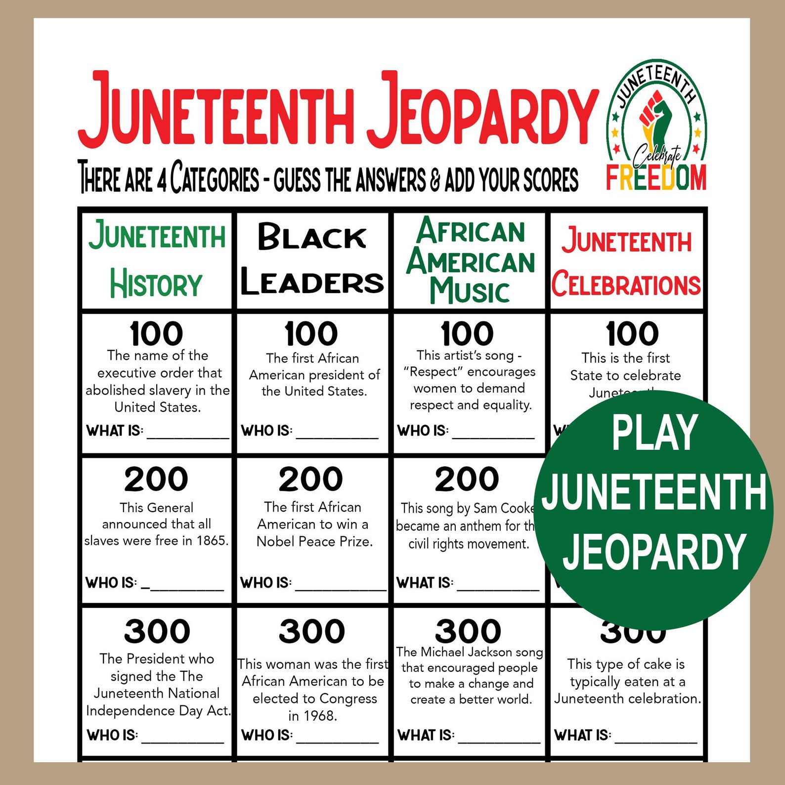 Juneteenth Jeopardy Trivia Game, Juneteenth Game, Juneteenth Quiz ...