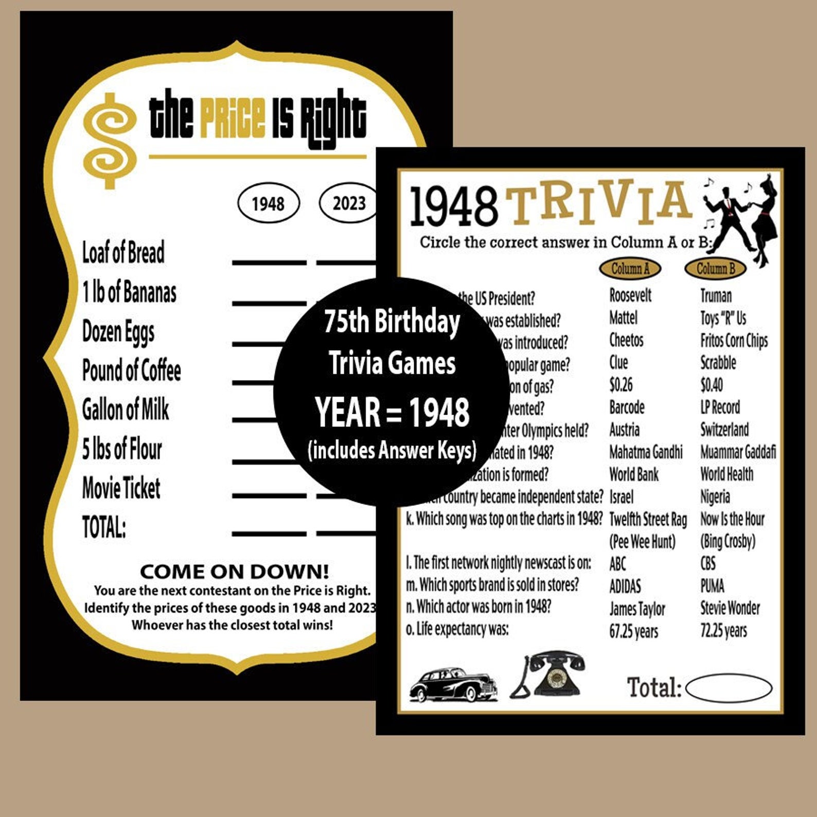 75th Birthday Games 75th Birthday Party 1948 Trivia Game - Etsy