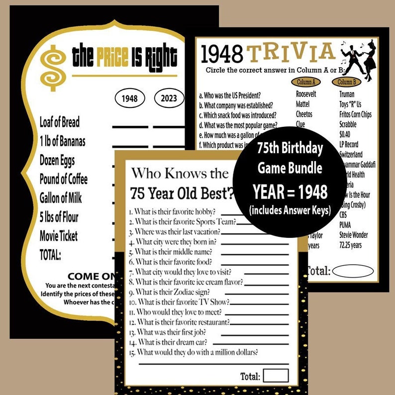75th Birthday Party Games Price is Right 75th 1948 Trivia - Etsy