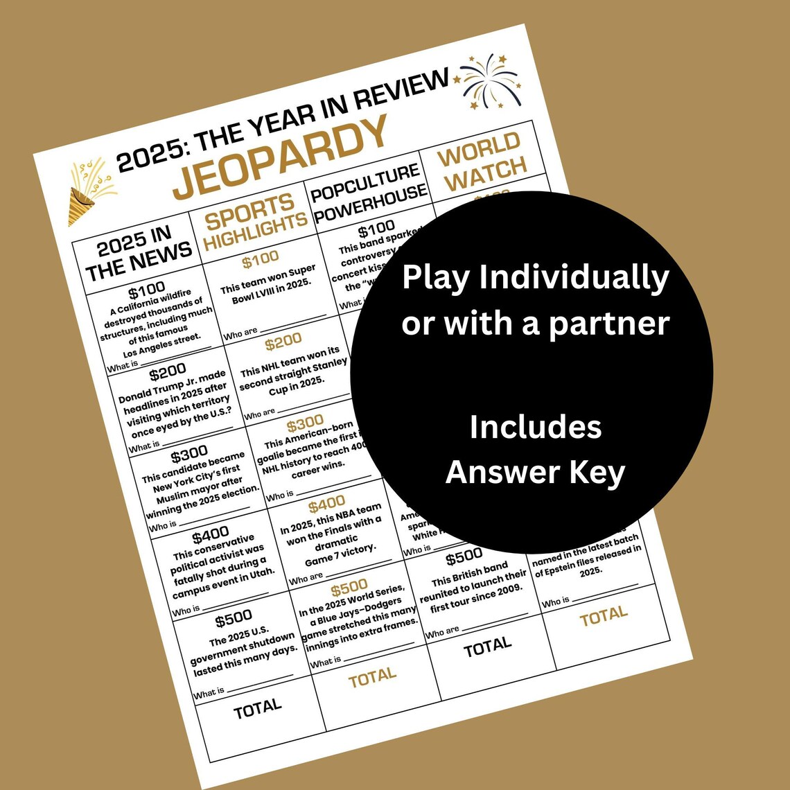 New Years Jeopardy Game, New Years Trivia Game, New Years Party Game ...