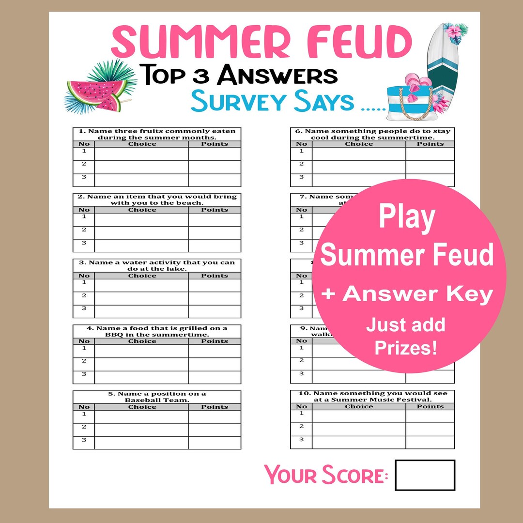 Summer Family Feud Trivia Game, Summer Trivia Game, Summer Seniors Game ...