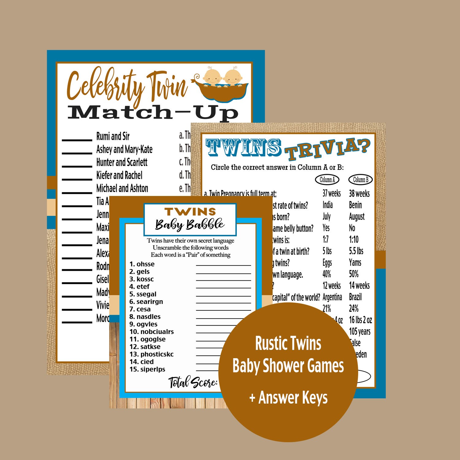Rustic Twins Baby Shower Games Printable Twins Baby Shower | Etsy
