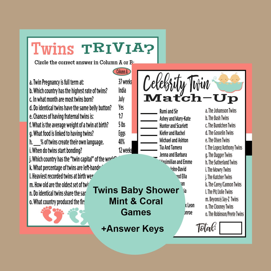 Twins Baby Shower Games Twins Mint and Coral Baby Shower - Etsy