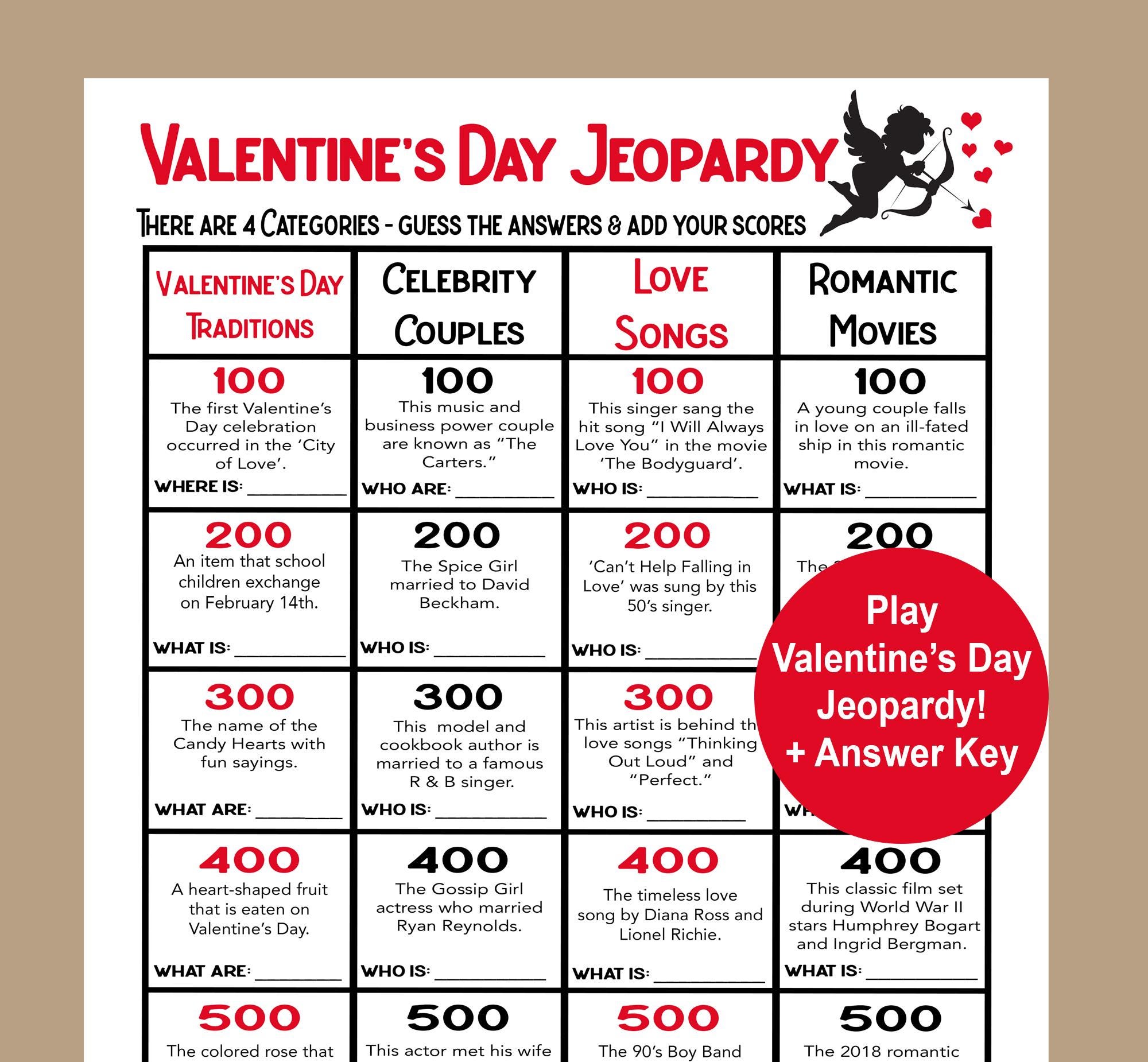 Valentine's Day Trivia Game, Valentines Day Jeopardy Game, Fun Group ...