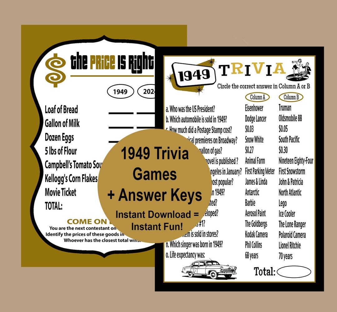 75th Birthday Games, 75th Birthday Party, 1949 Trivia Game, 1949 Price ...
