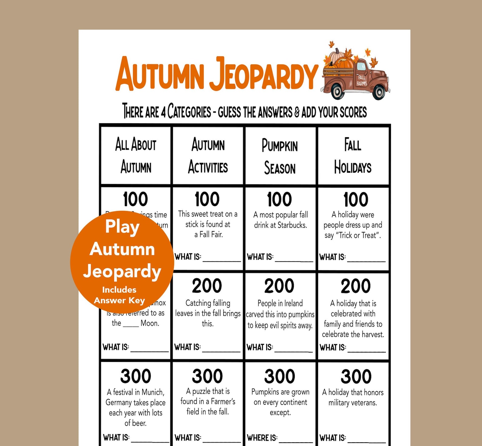 Autumn Trivia Game, Autumn Jeopardy, Fall Trivia Game, Autumn Seniors ...