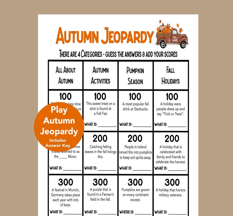 Autumn Trivia Game, Autumn Jeopardy, Fall Trivia Game, Autumn Seniors ...