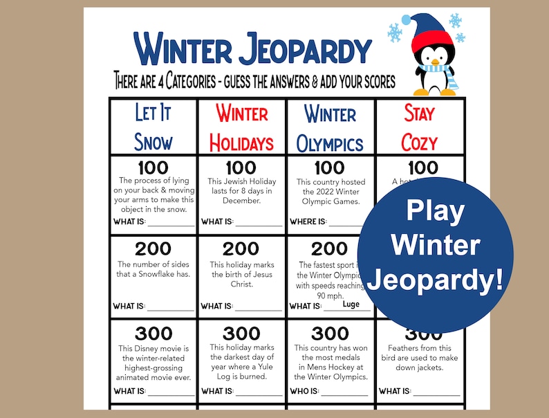 Winter Trivia Game, Winter Jeopardy, Winter Seniors Game, Winter School ...