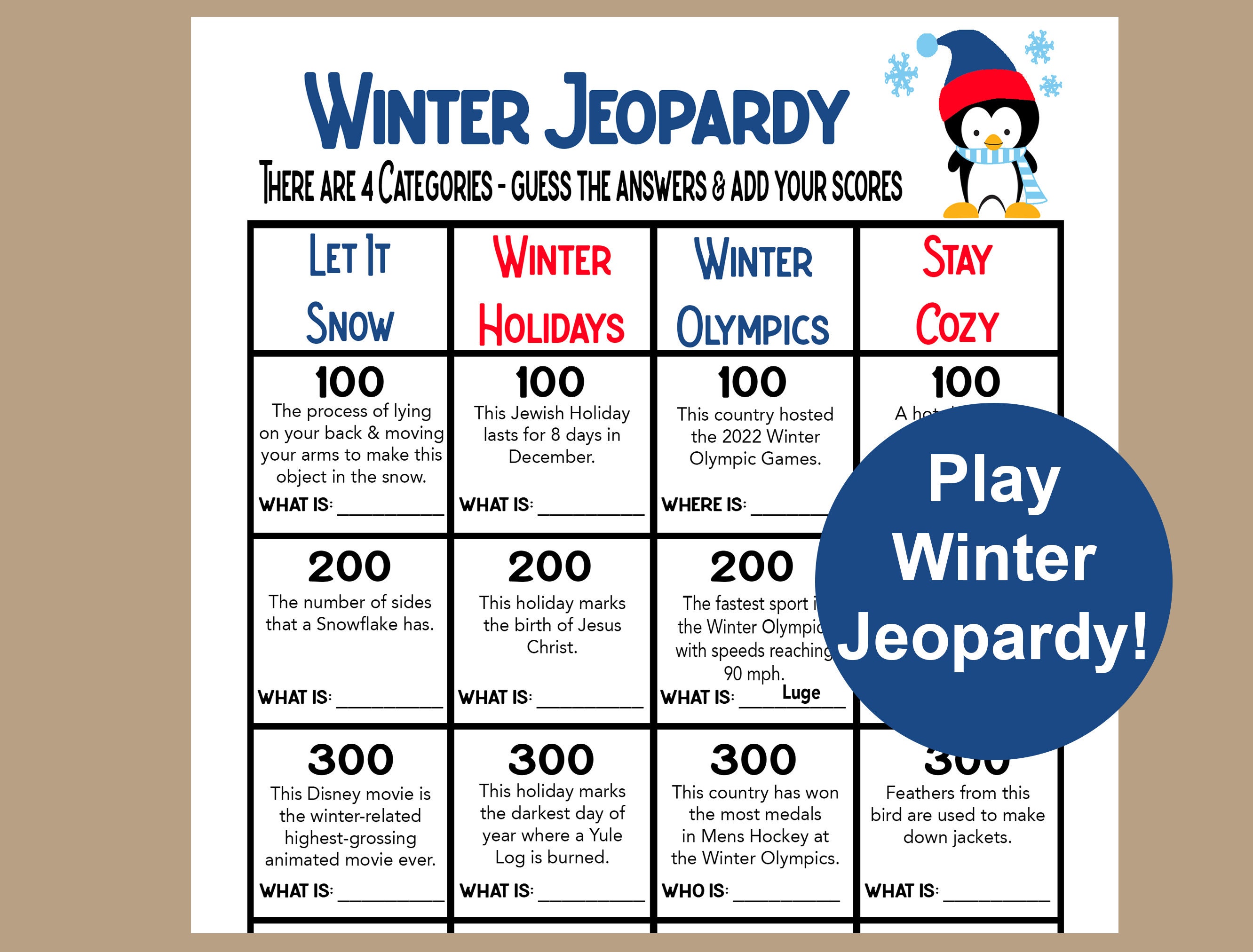 Winter Trivia Game, Winter Jeopardy, Winter Seniors Game, Winter School ...