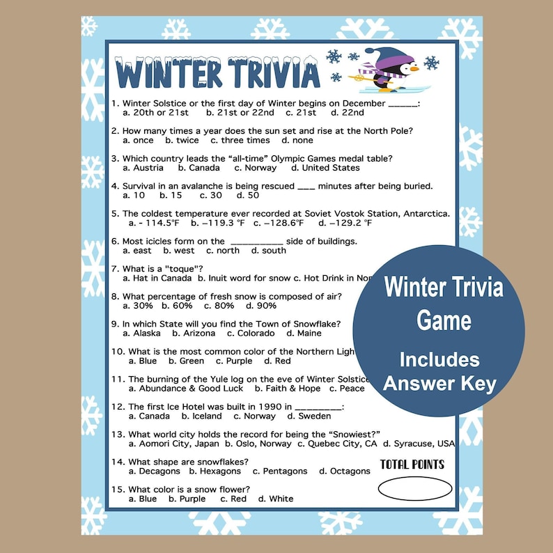 Winter Trivia Game Printable Winter Game Fun Winter Games - Etsy