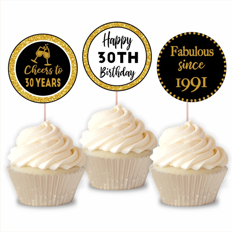 30th Birthday Cupcake Toppers 30th Birthday Party Food Black Etsy 30th Birthday Cupcake Toppers 30th Birthday Party Food Black Etsy