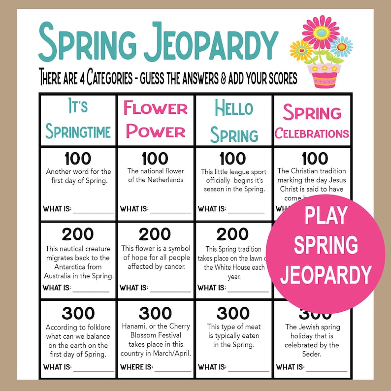 Spring Trivia Game, Spring Jeopardy, Spring Seniors Game, Spring School ...