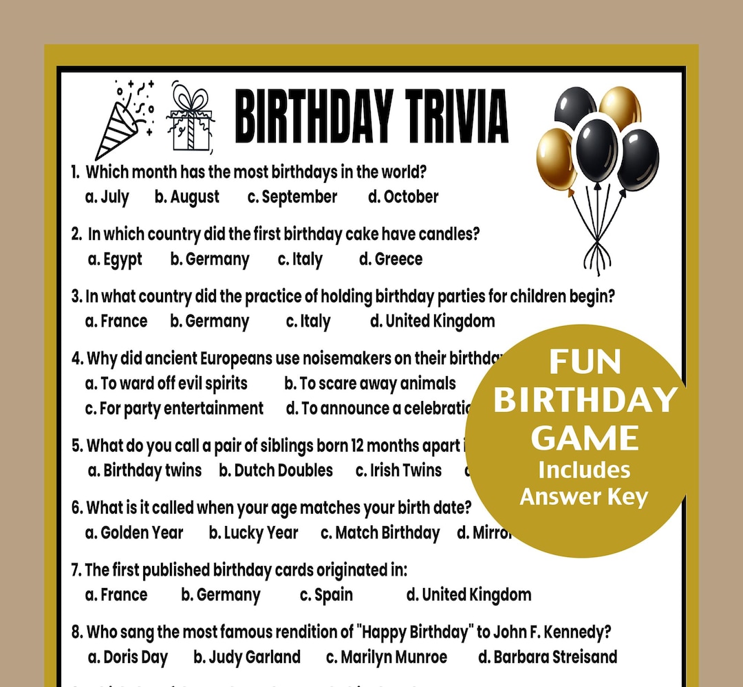 Birthday Trivia Game, Fun Printable Party Activity, Birthday Quiz Game ...