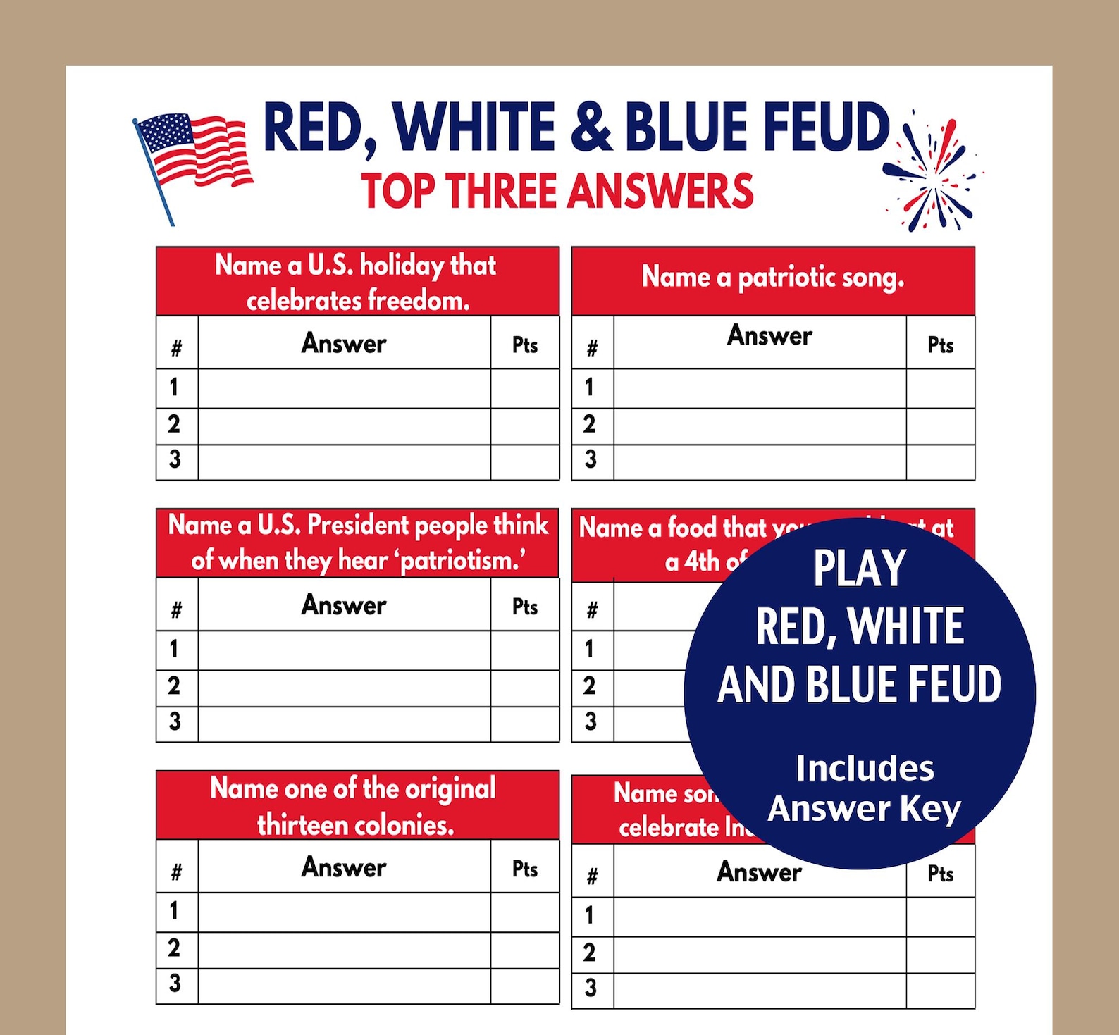 Red, White & Blue Feud Trivia Game, Patriotic Party Fun, 4th of July ...