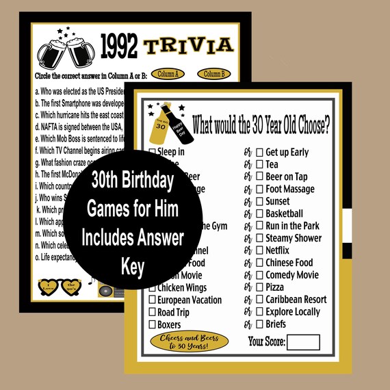 30th Party Games Adult Party Games 1992 Year Birthday Trivia - Etsy