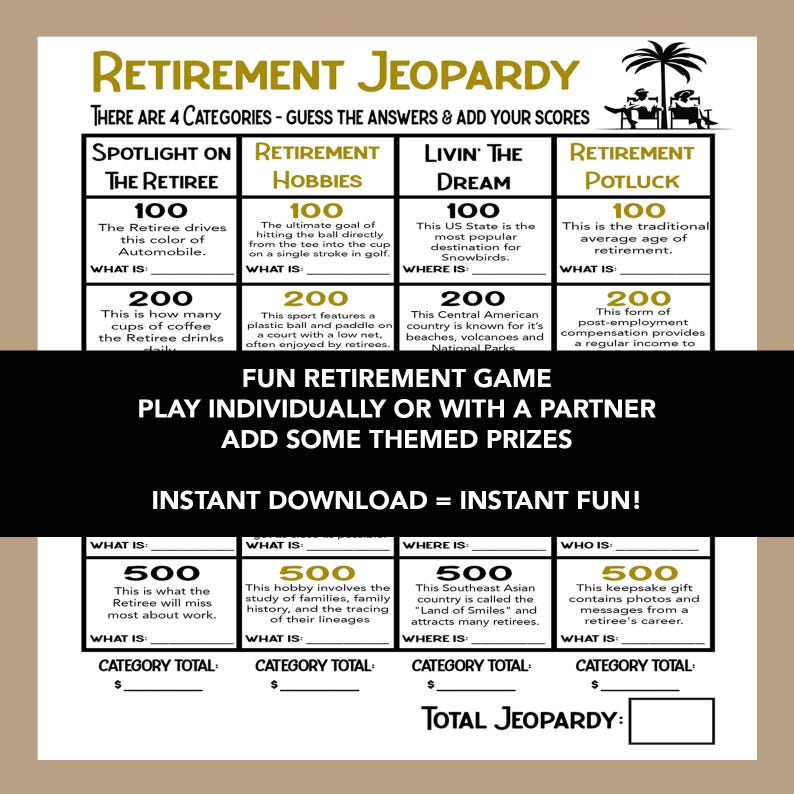 Retirement Jeopardy Game, Retirement Trivia Game, Retirement Party Game ...