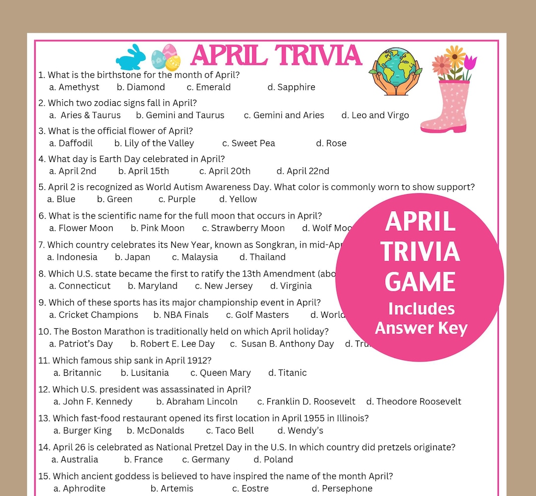 April Trivia Game, Month of April Trivia, Spring Trivia Game, April ...