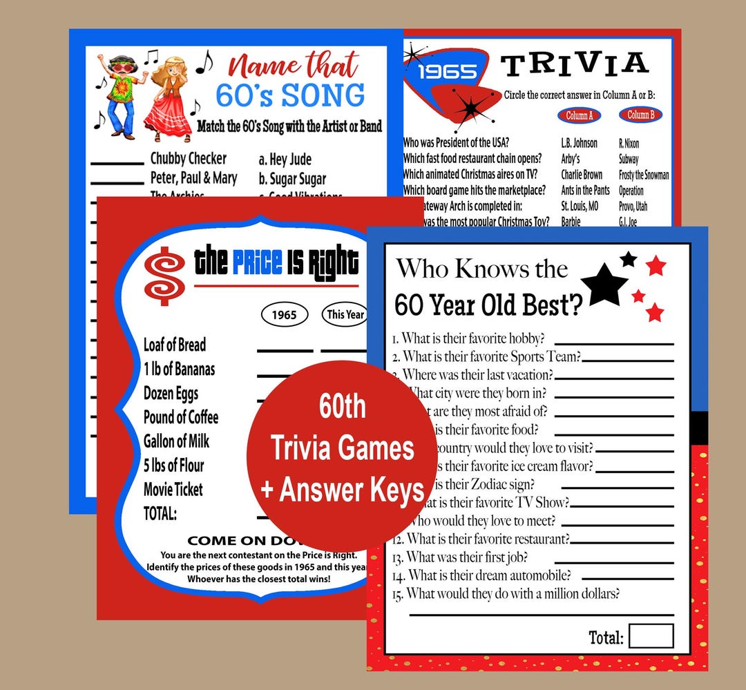 1965 Birthday Game Bundle, Adult Party Games, 60th Birthday Trivia Game ...
