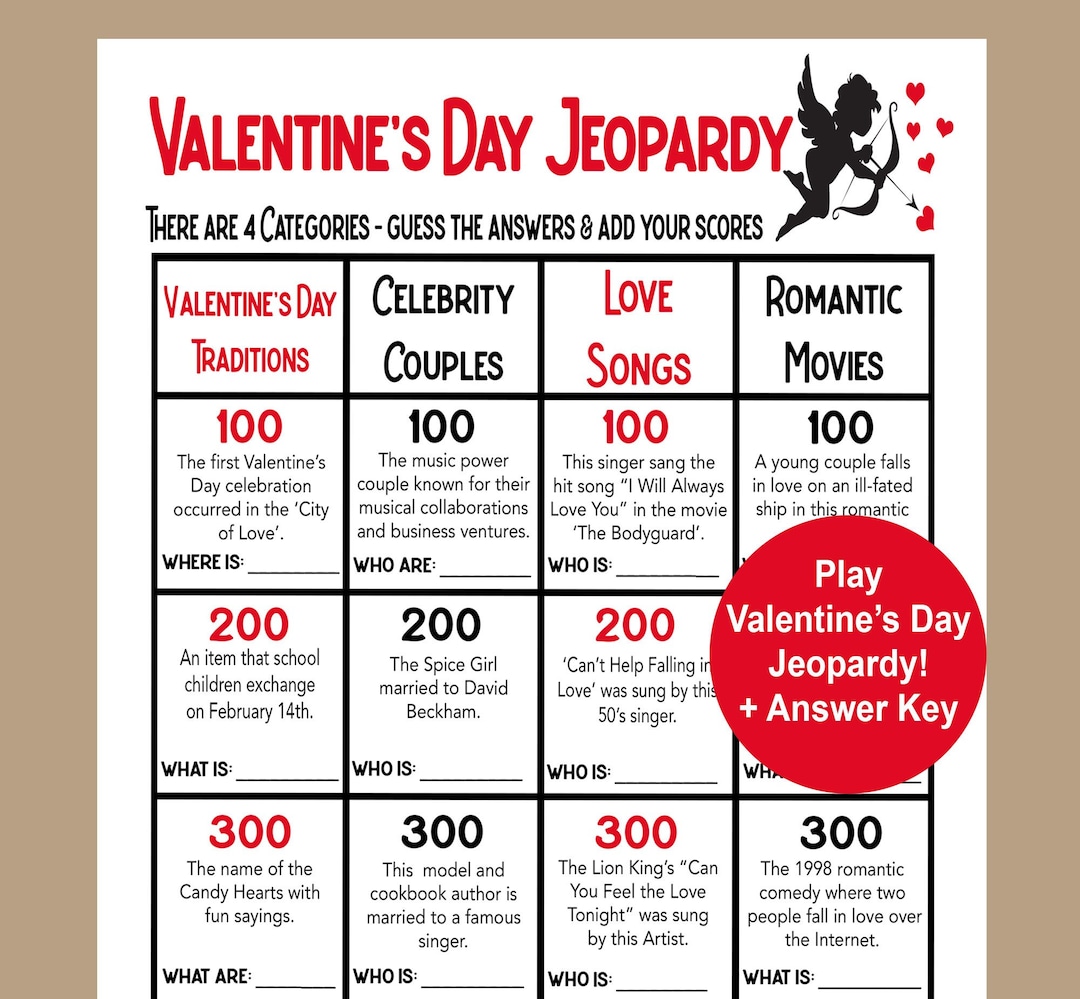 Valentine's Day Trivia Game, Valentines Day Jeopardy Game, Fun Group ...