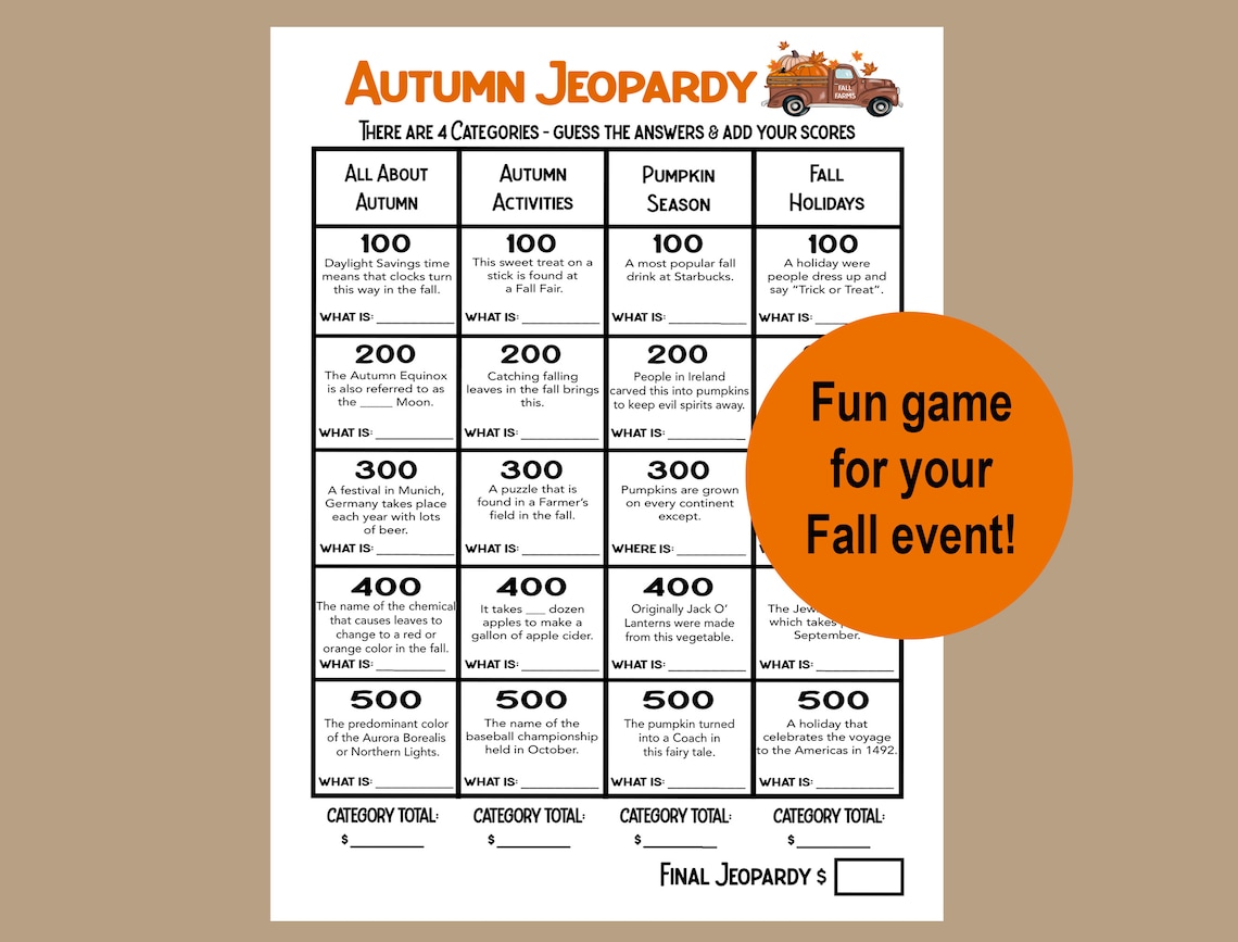 Autumn Trivia Game, Autumn Jeopardy, Fall Trivia Game, Autumn Seniors ...