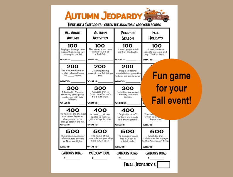 Autumn Trivia Game, Autumn Jeopardy, Fall Trivia Game, Autumn Seniors ...