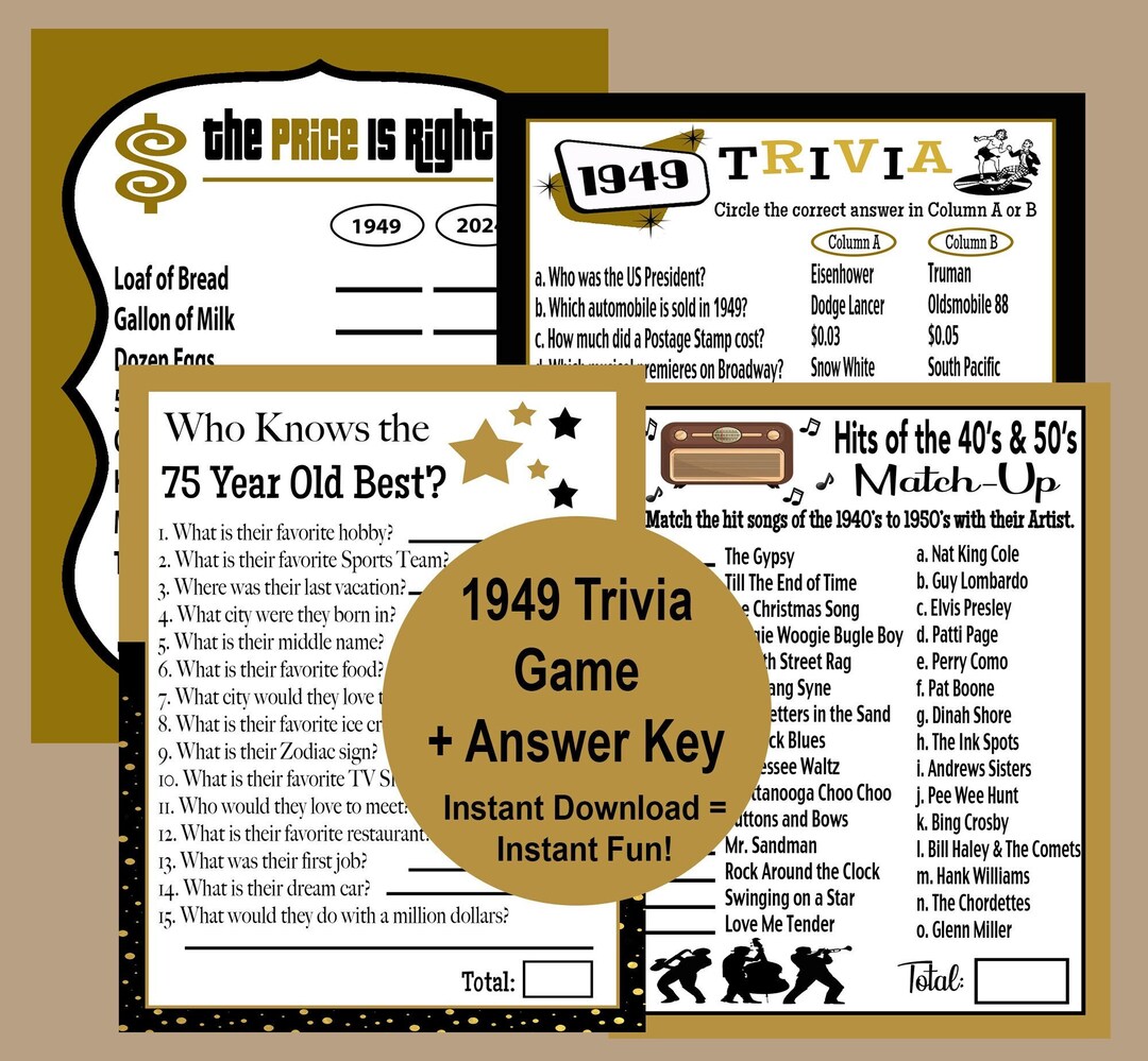 75th Birthday Games, Black and Gold Games, 1949 Trivia Game, Who Knows ...