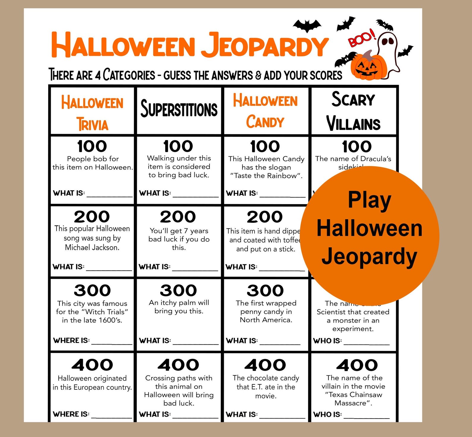 Halloween Jeopardy Game, Halloween Trivia Game, Seniors Halloween Game ...