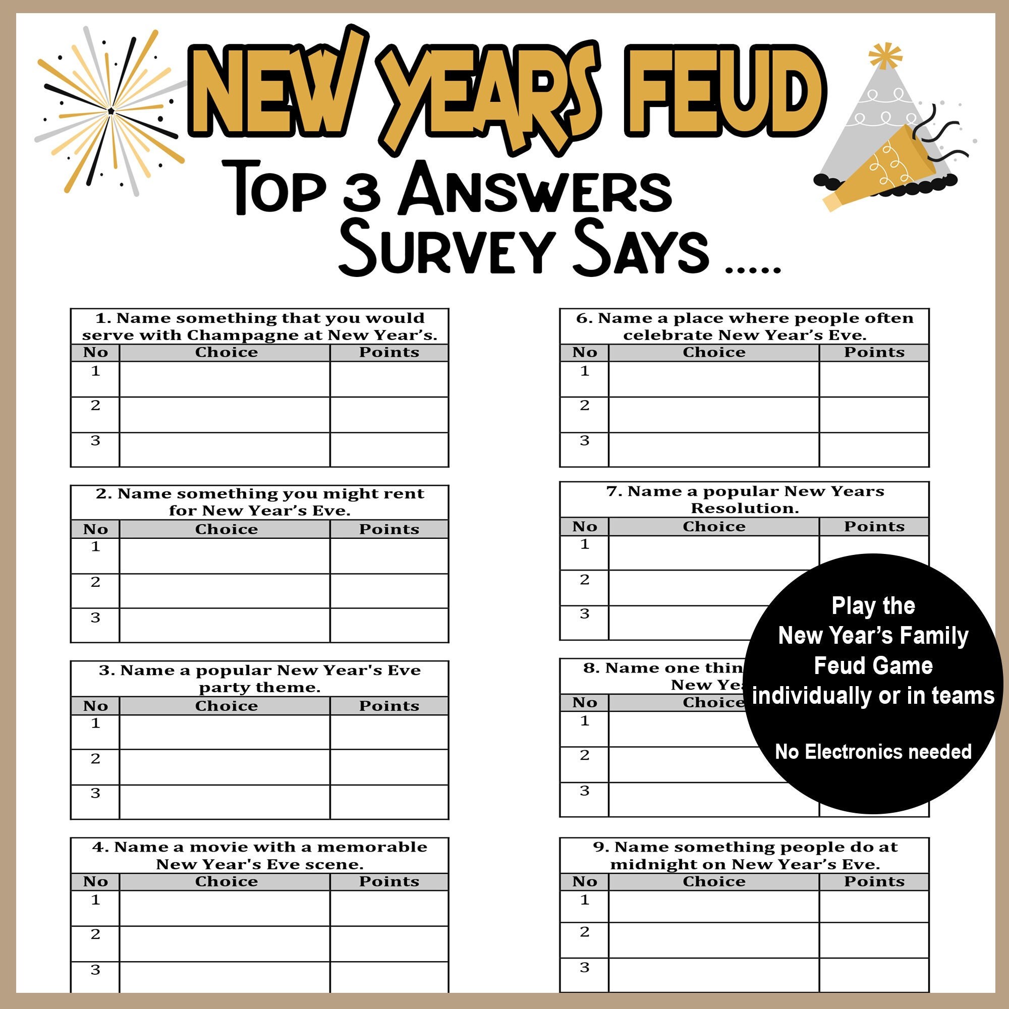 New Years Feud, New Years Family Feud, Fun New Years Printable Game ...