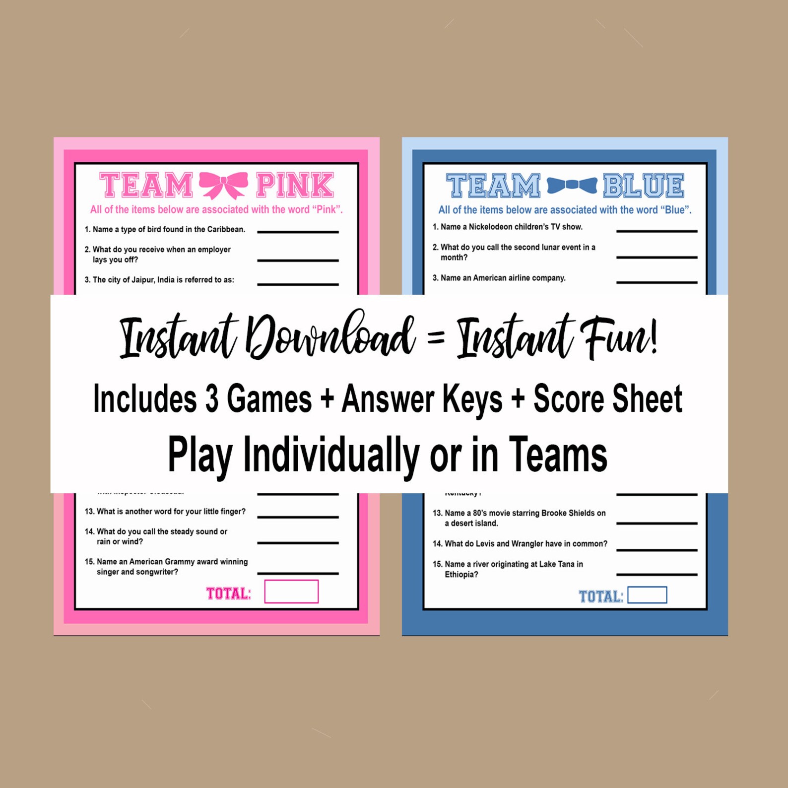 Gender Reveal Games Team Blue Games Team Pink Game Baby - Etsy