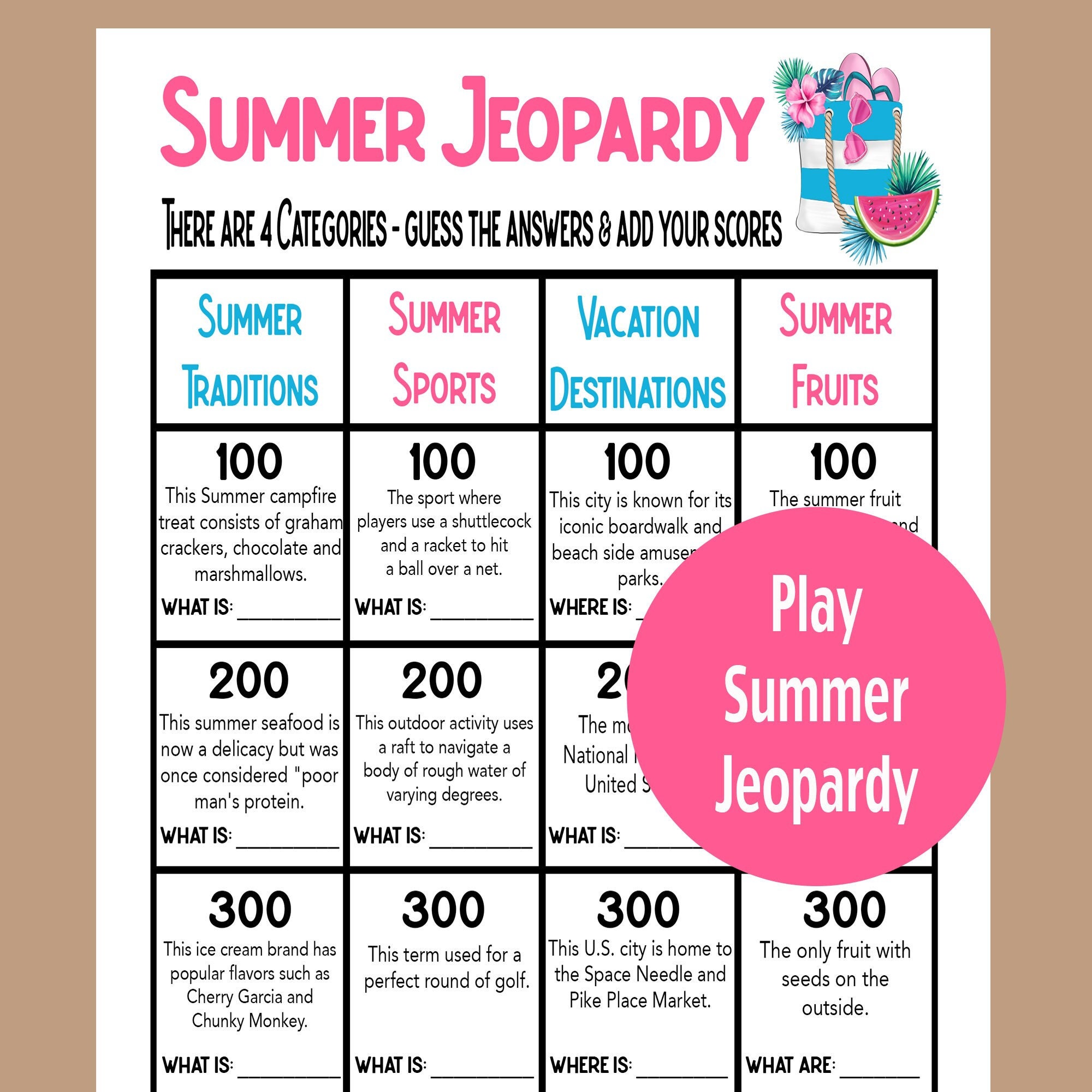 Summer Trivia Game, Summer Jeopardy, Summer Seniors Game, Summer School ...