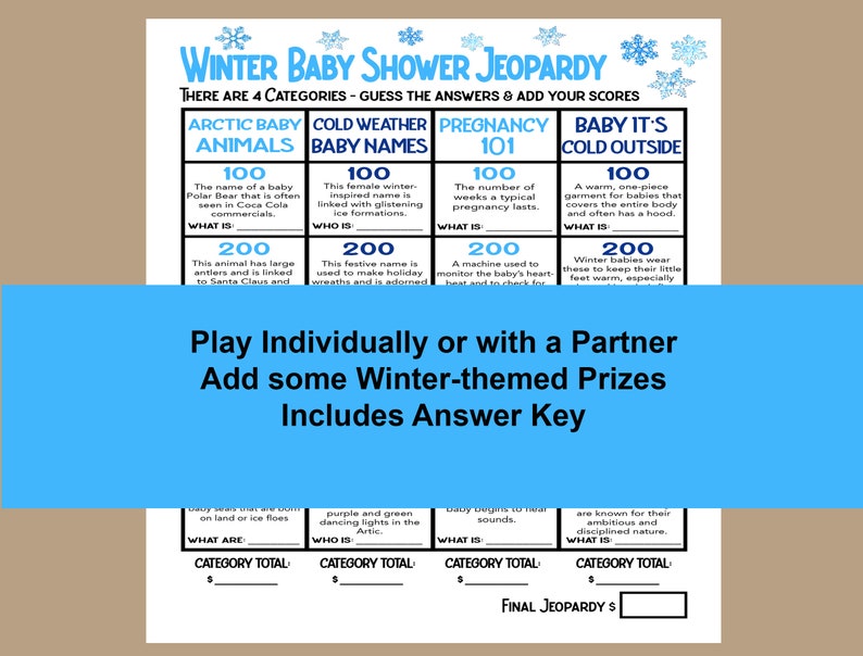 Winter Baby Shower Jeopardy, Winter Baby Shower Game, Snowflake Baby ...