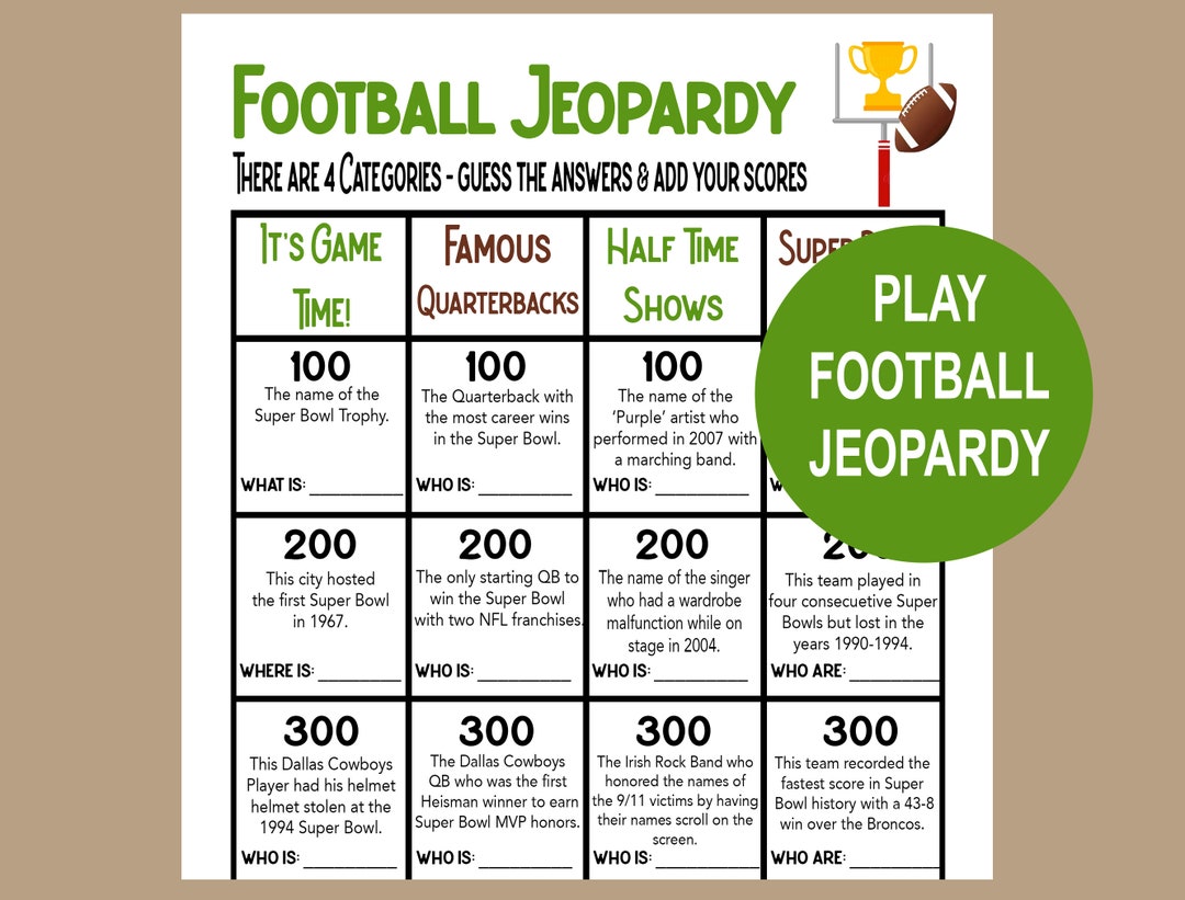 Football Jeopardy, the Big Game Jeopardy, Philadelphia Trivia Game ...