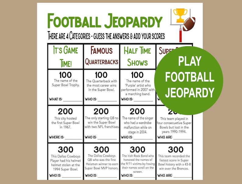 Football Jeopardy, the Big Game Jeopardy, Philadelphia Trivia Game ...