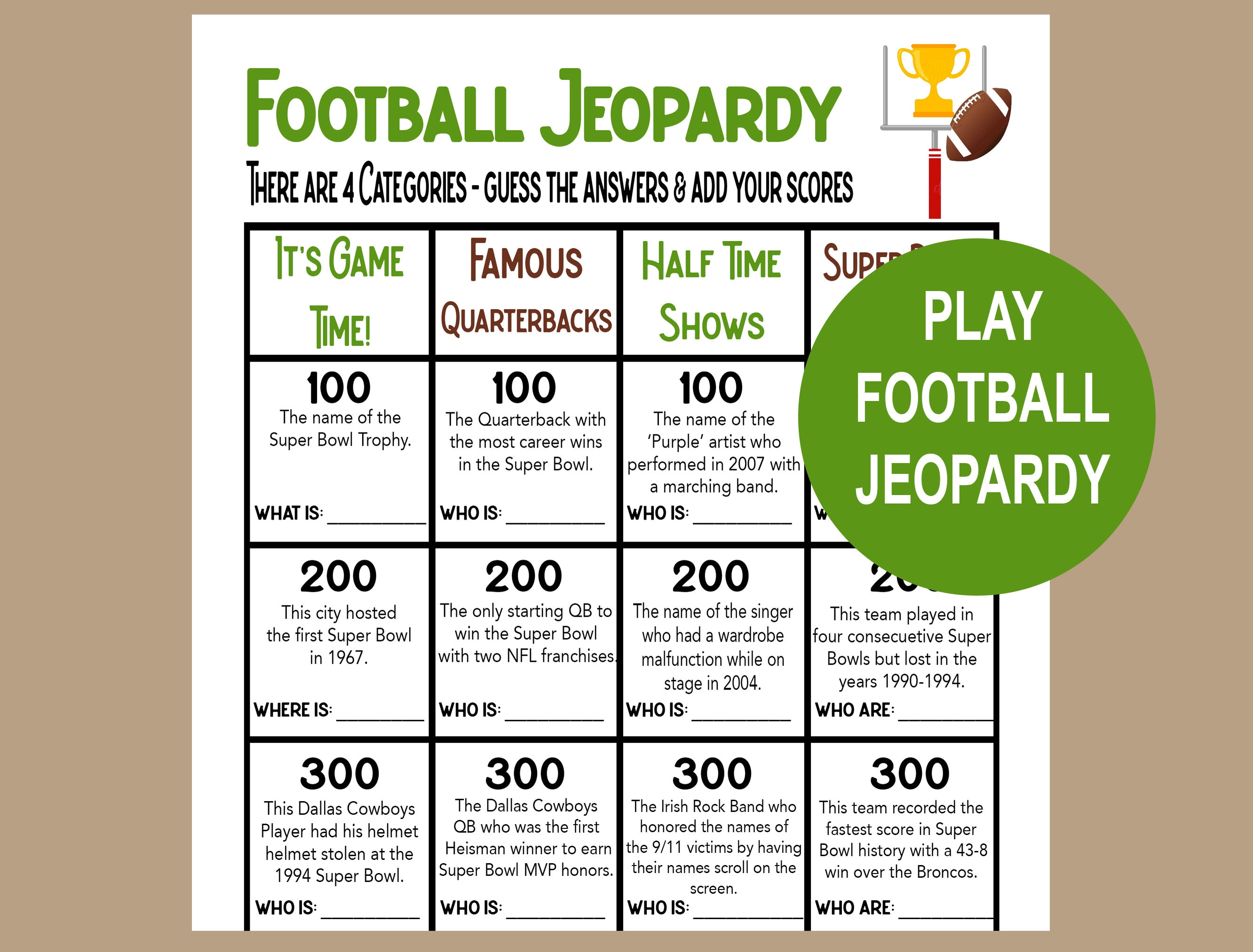 Football Jeopardy, the Big Game Jeopardy, Philadelphia Trivia Game ...