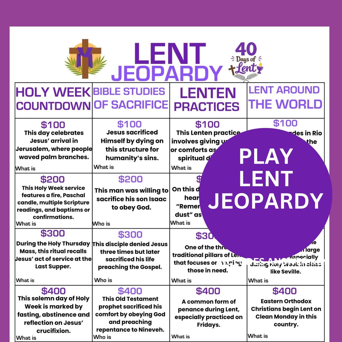 Lent Jeopardy Game, Religious Lent Trivia Game, Christian Lent Jeopardy ...