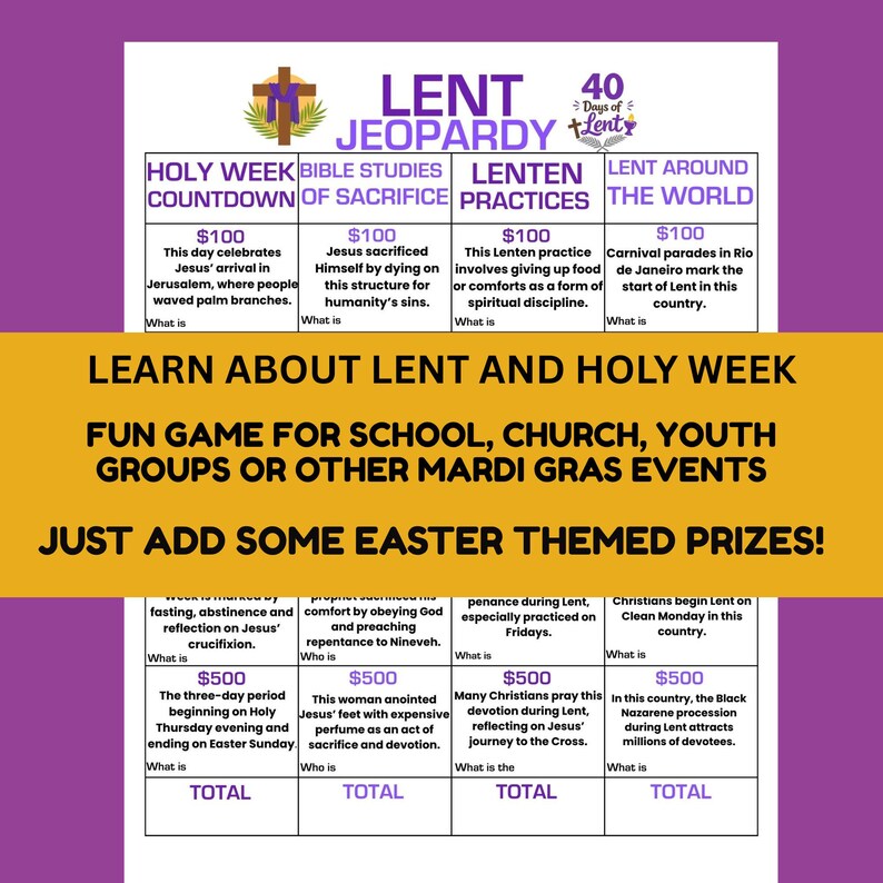Lent Jeopardy Game, Religious Lent Trivia Game, Christian Lent Jeopardy ...