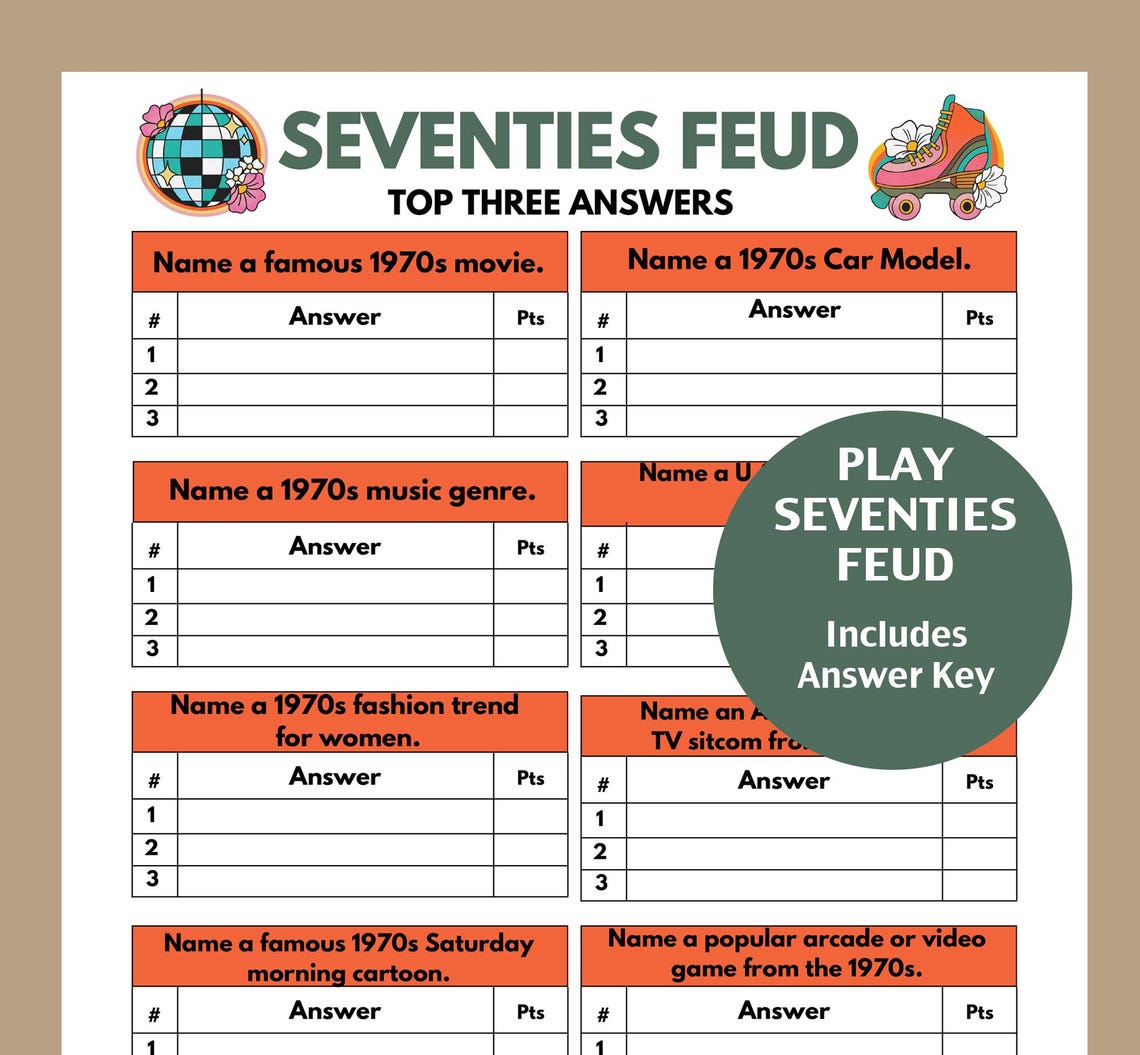 1970's Family Feud Game, 70th Birthday Party Trivia, 1970's Birthday ...