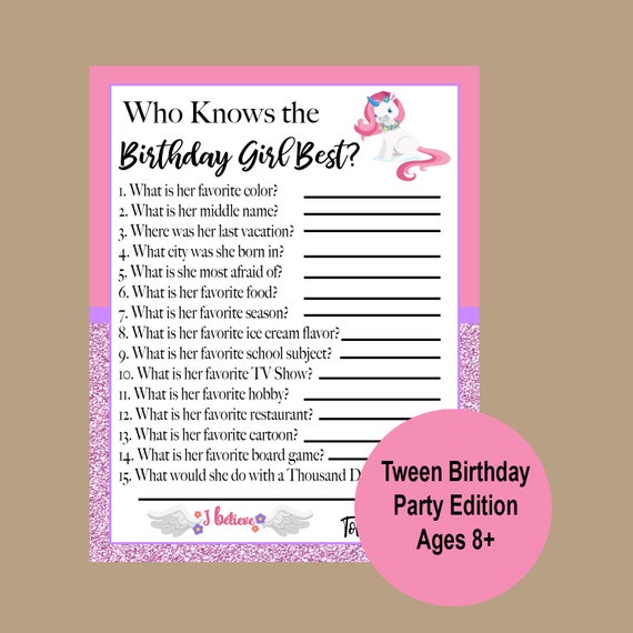 Who Knows the Birthday Girl Best Game Unicorn Party Game | Etsy