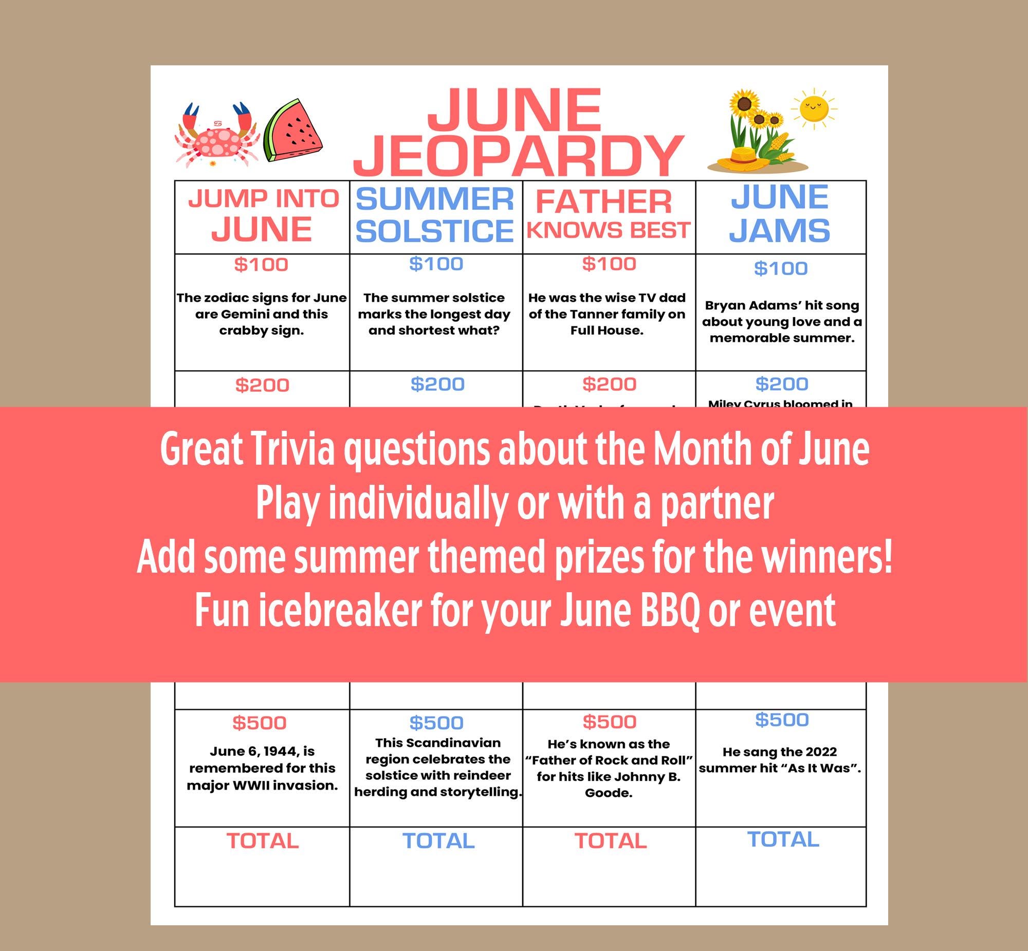 June Jeopardy Game, June Trivia Game, Month of June Trivia, Summer ...