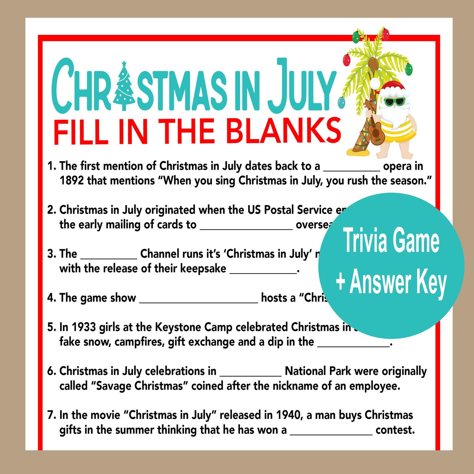 Christmas in July Trivia, Fun Christmas in July Party Game, July 25th ...