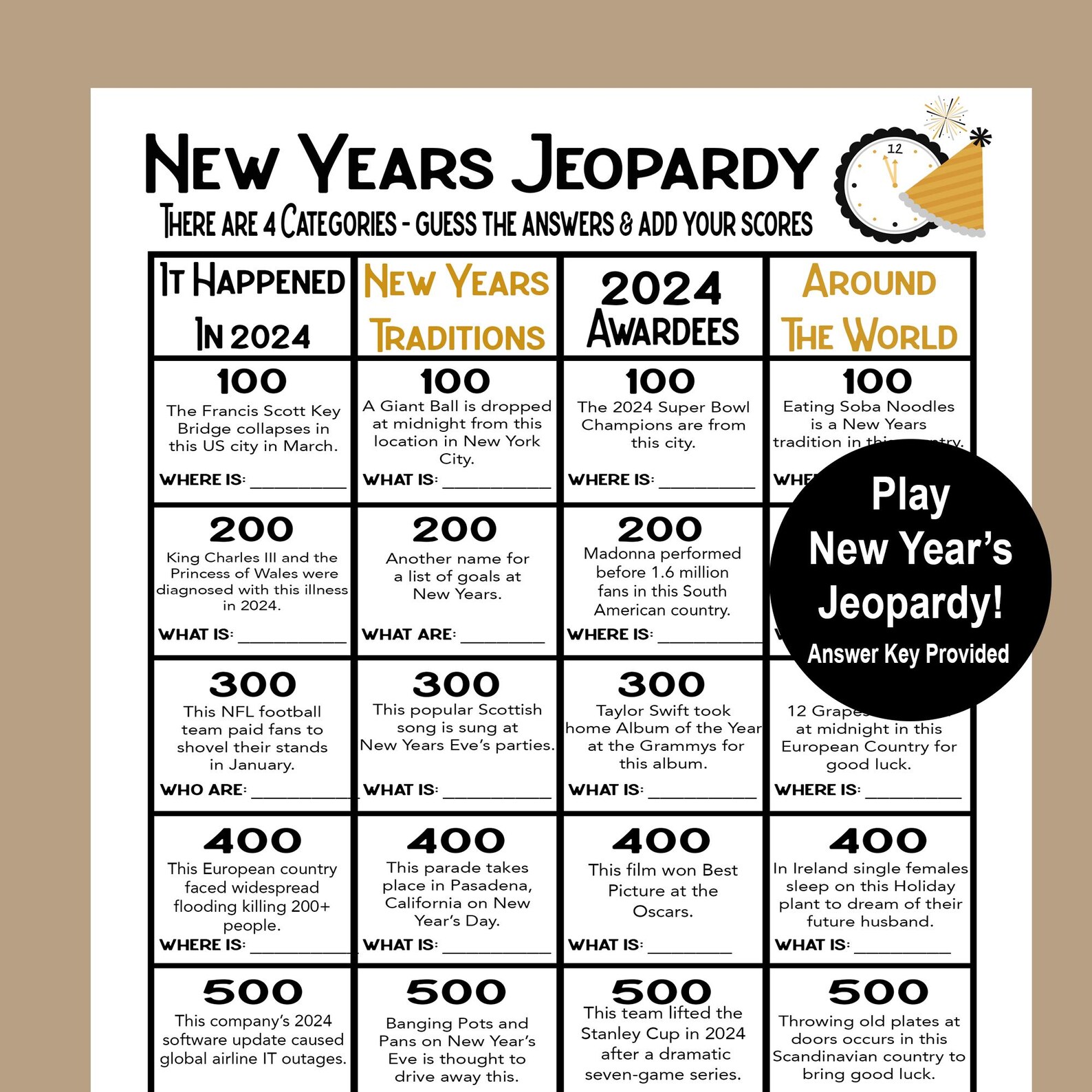 New Years Jeopardy Game, New Years Trivia Game, New Years Party Game ...