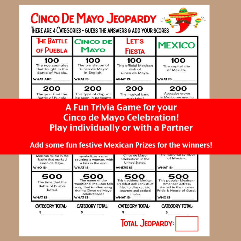 Cinco De Mayo Jeopardy Trivia Party Game, Mexican Party Games, Fun ...