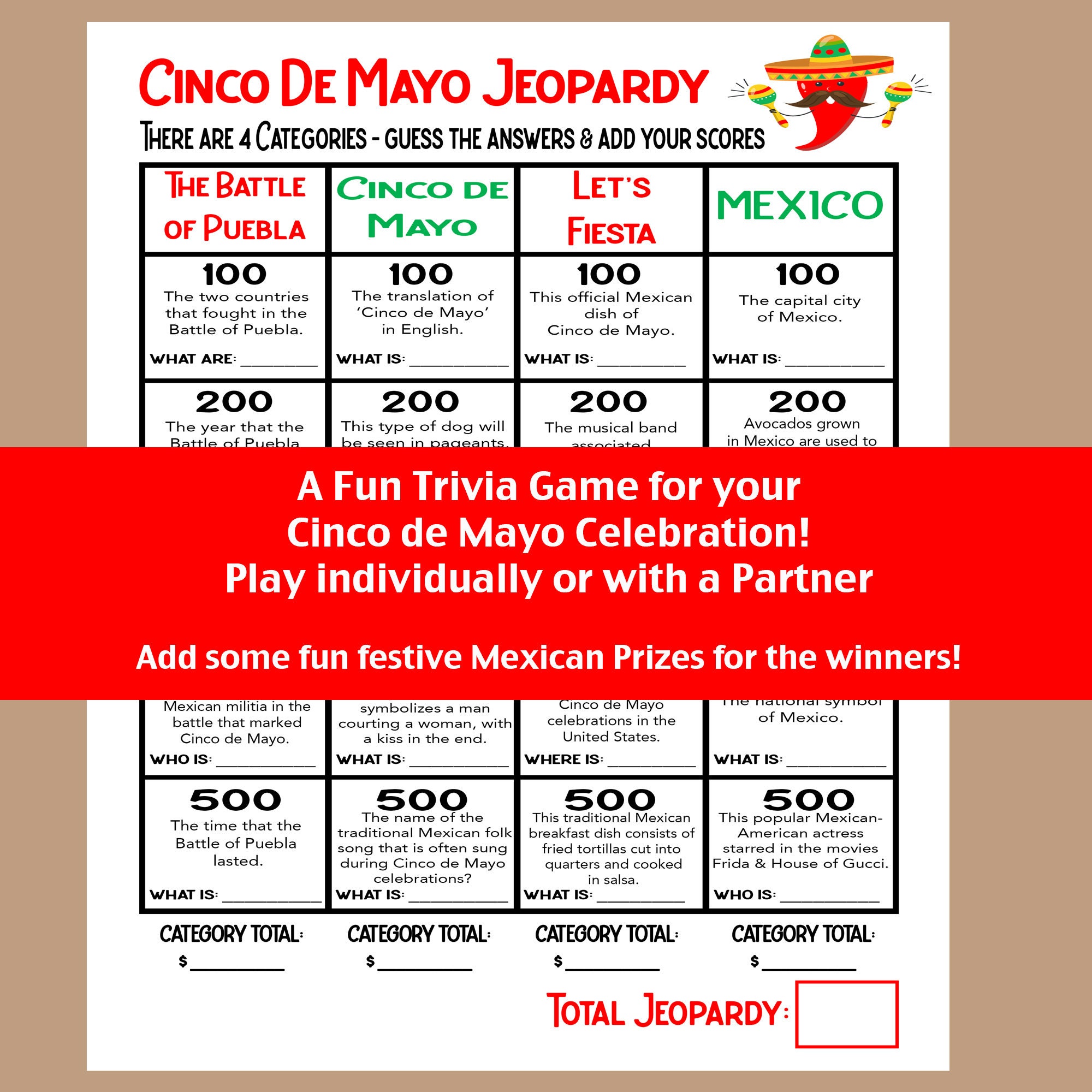 Cinco De Mayo Jeopardy Trivia Party Game, Mexican Party Games, Fun ...