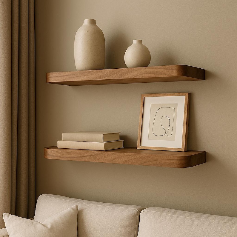 Modern Rounded Edge Shelf – Solid Wood Floating Wall Shelf for Living ...