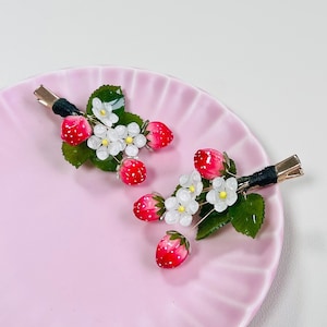 Shrink Plastic Red Strawberry With Flowers and Leaves Cute Hair Clip ...