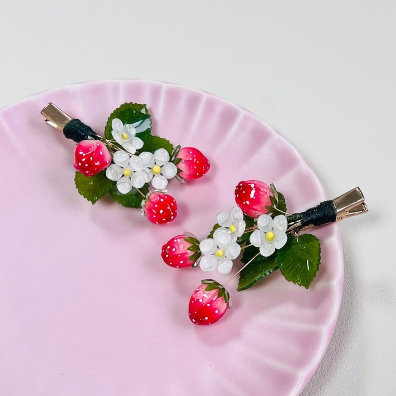 Shrink Plastic Red Strawberry With Flowers and Leaves Cute Hair Clip ...