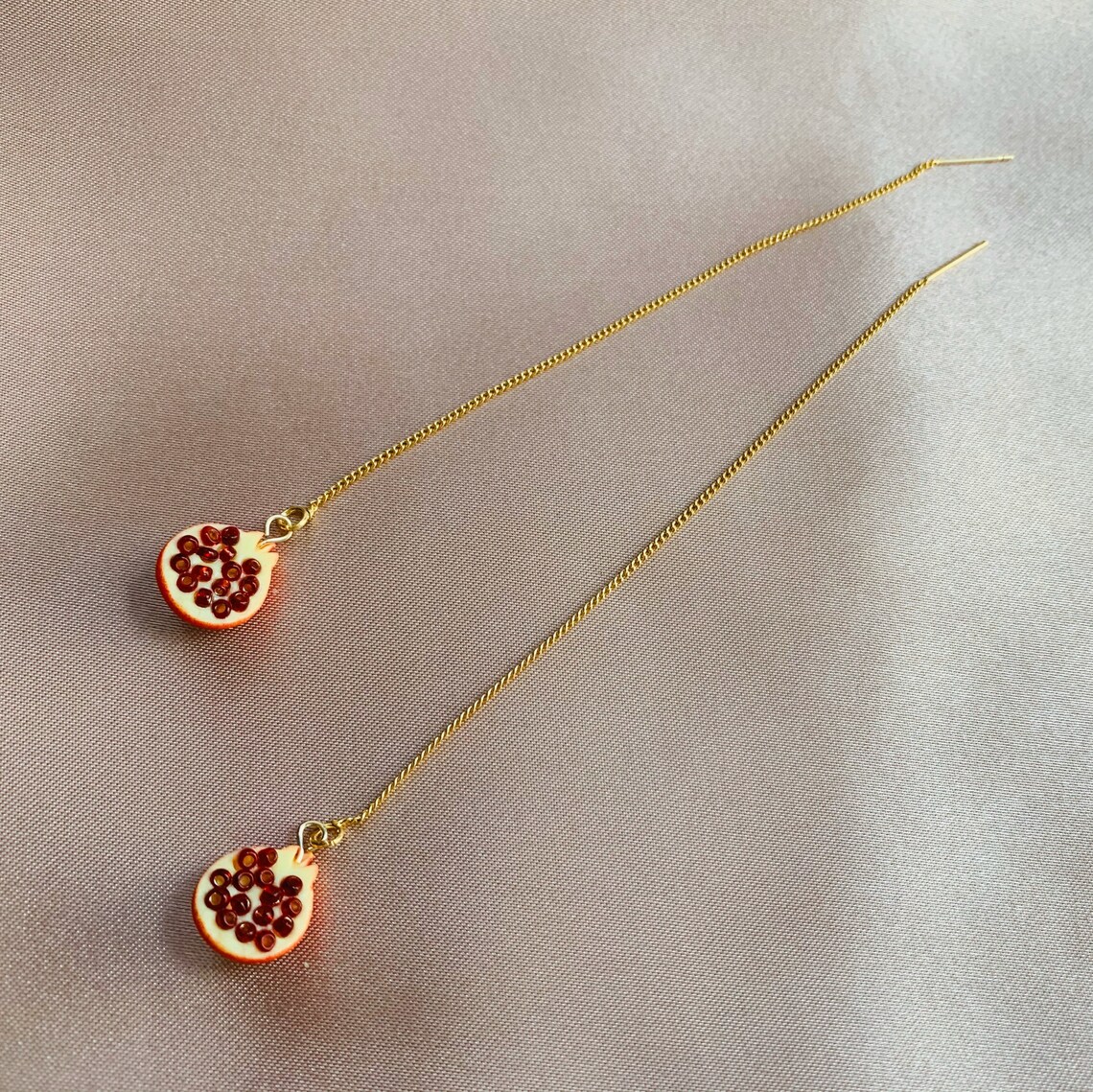 Polymer Clay Red Whole and Half Pomegranate Fruit Threader Earrings ...