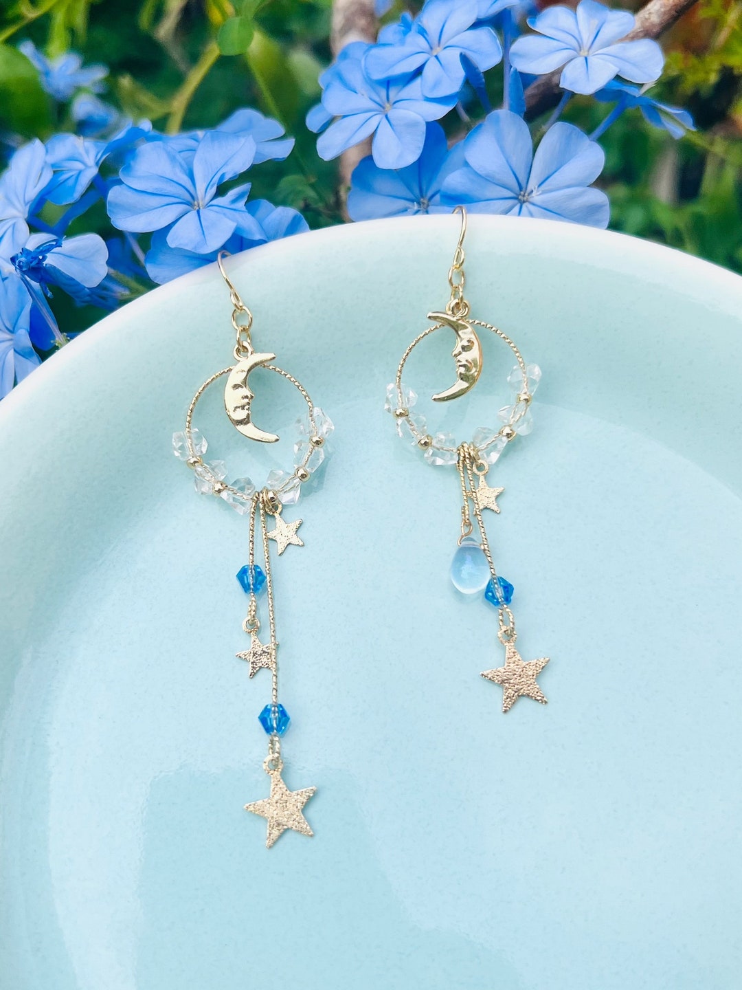 Crescent Moon and Stars With Crystals Asymmetrical Dangled Drop Earrings, Handmade Earrings ...