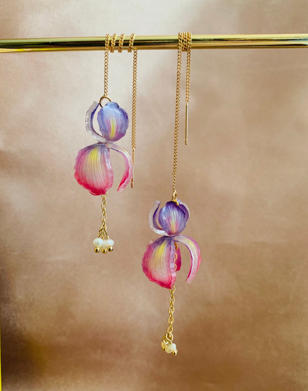 Romantic Pink Purple Fleur-de-lis Iris Flower Threader Earrings, Like Real Iris Flower, Handmade ...